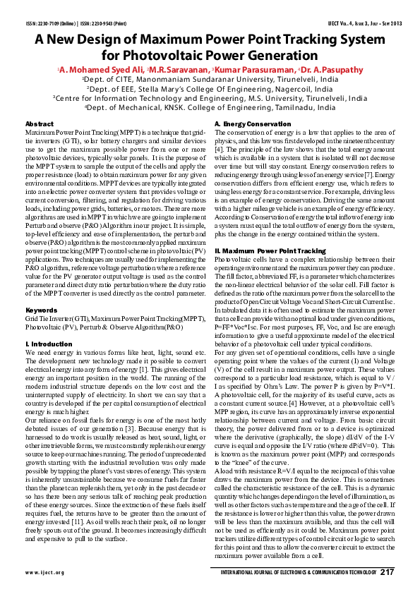 (PDF) A New Design of Maximum Power Point Tracking System for Photovoltaic Power Generation