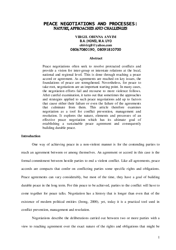 PEACE NEGOTIATIONS AND PROCESSES: NATURE APPROACHES AND CHALLENGES