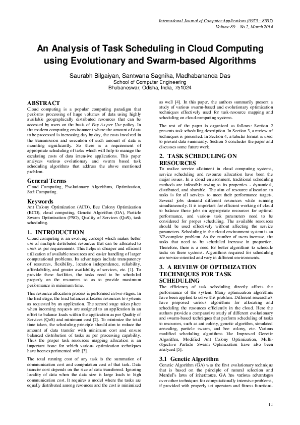 (PDF) An Analysis of Task Scheduling in Cloud Computing using Evolutionary and Swarm-based ...