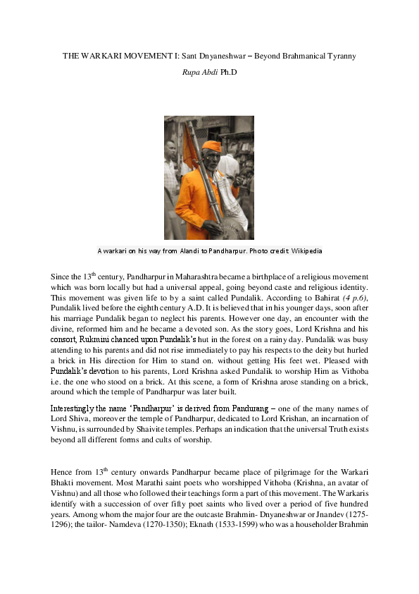 (PDF) THE WARKARI MOVEMENT I: Sant Dnyaneshwar – Beyond Brahmanical Tyranny
