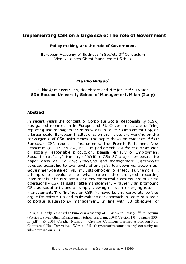 (PDF) Implementing CSR on a Large Scale: The Role of Government