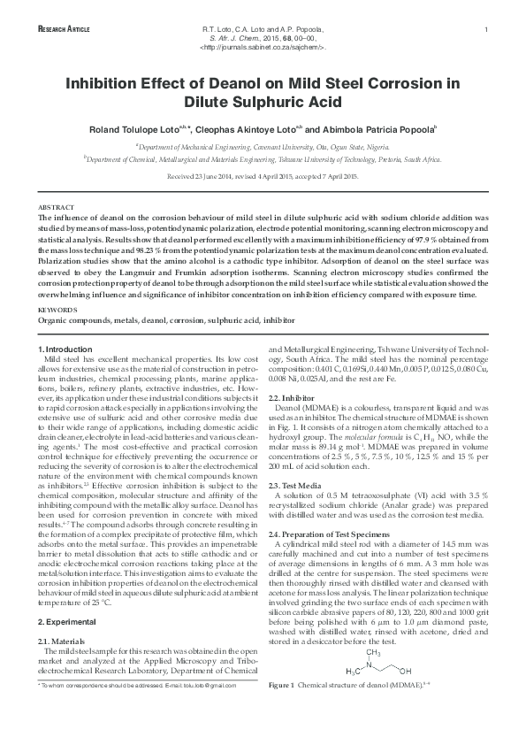(PDF) Inhibition Effect of Deanol on Mild Steel Corrosion in Dilute Sulphuric Acid