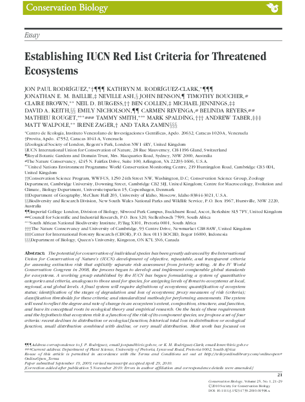 (PDF) Establishing IUCN Red List Criteria for Threatened Ecosystems