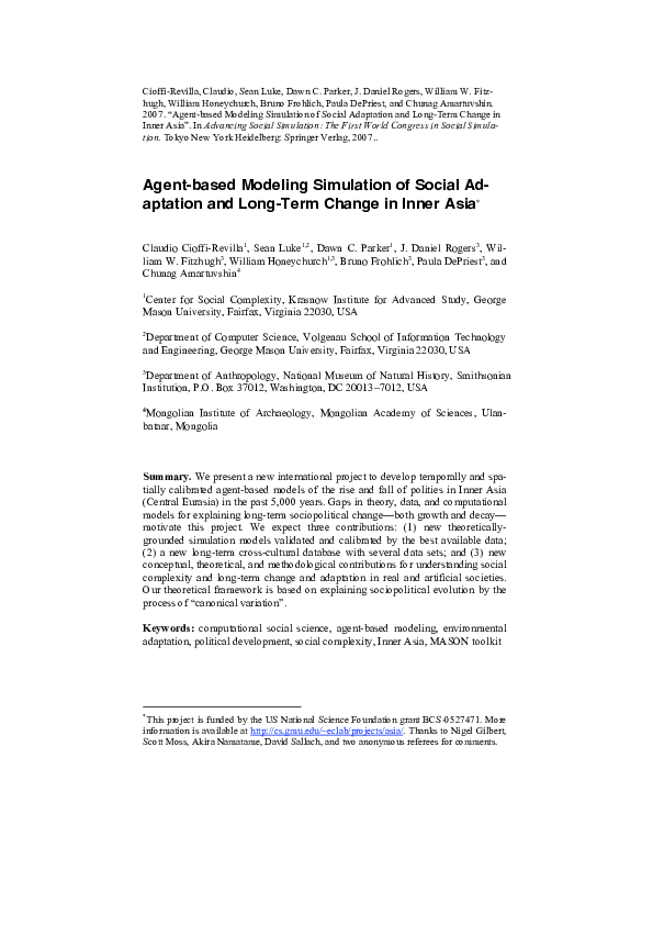 (PDF) Agent-based Modeling Simulation of Social Adaptation and Long-Term Change in Inner Asia