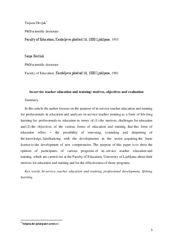 (PDF) In-service teacher education and training: motives, objectives and evaluation