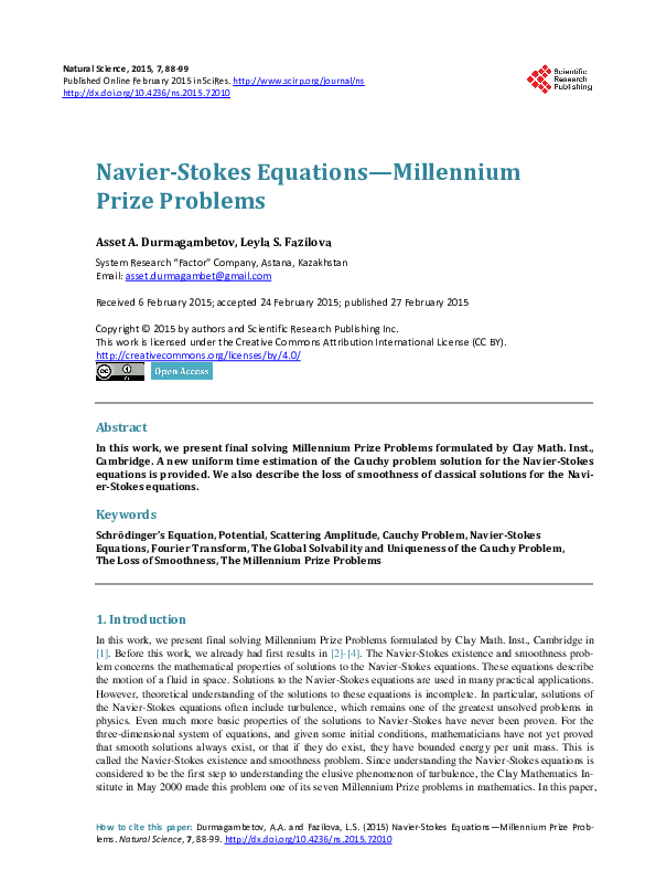 (PDF) Navier-Stokes Equations—Millennium Prize Problems