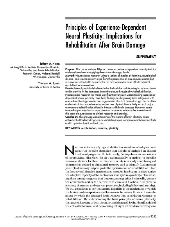 (PDF) Principles of Experience-Dependent Neural Plasticity: Implications for Rehabilitation ...