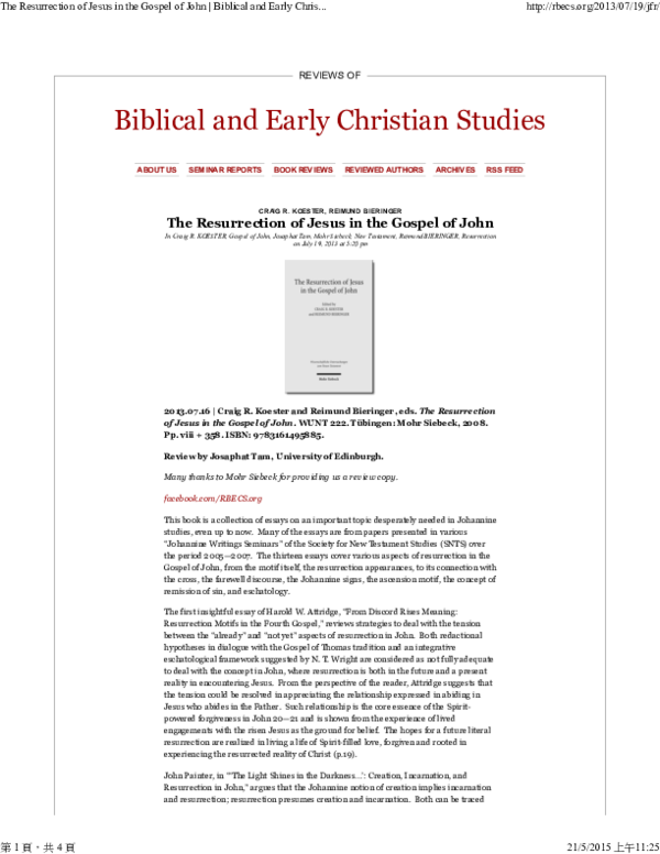 Review of The Resurrection of Jesus in the Gospel of John, edited by ...