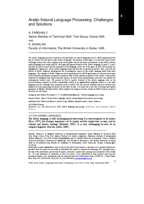 (PDF) Arabic Natural Language Processing: Challenges and Solutions