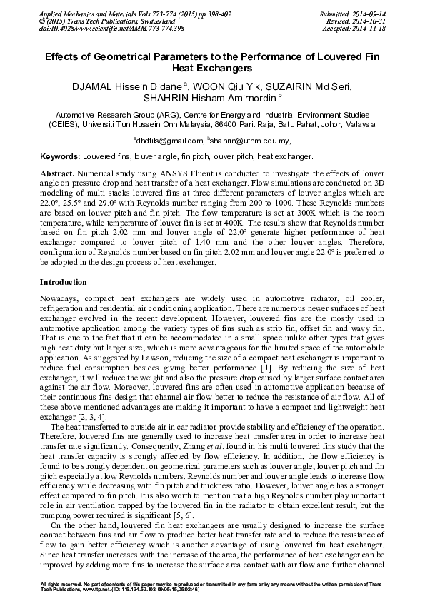 (PDF) Effects of Geometrical Parameters to the Performance of Louvered Fin Heat Exchangers