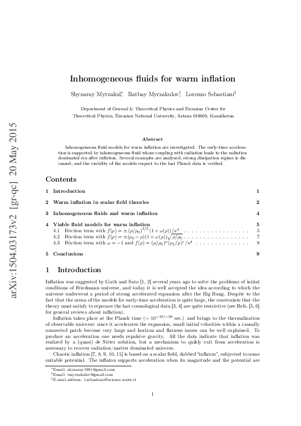 Pdf Inhomogeneous Fluids For Warm Inflation