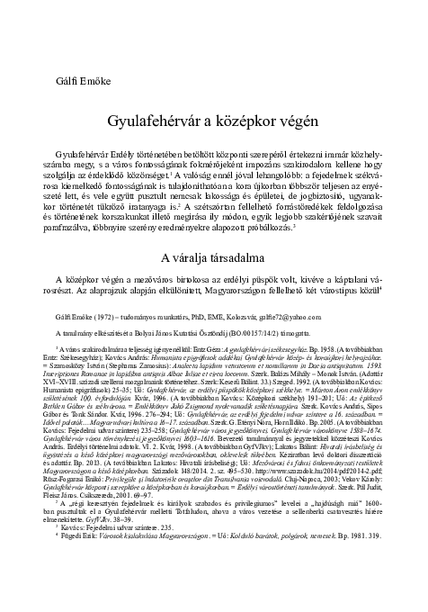 (PDF) Gyulafehérvár a középkor végén