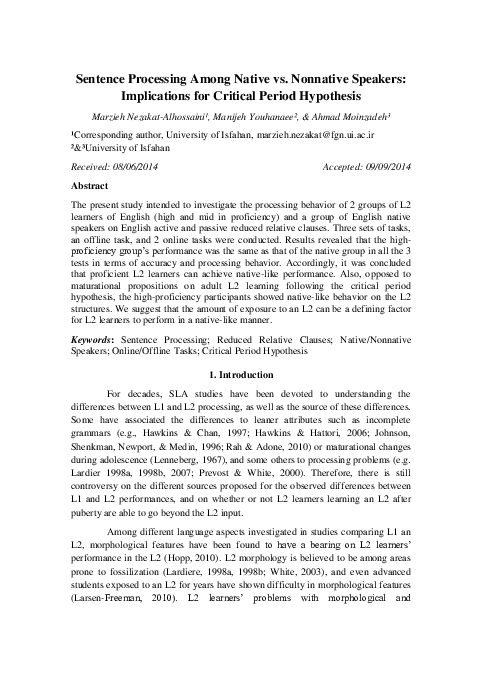 (PDF) Sentence processing among native vs. non-native speakers: Implications for the Critical ...