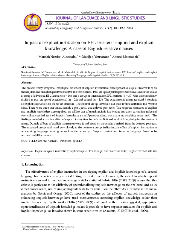 Pdf Impact Of Explicit Instruction On Efl Learners Implicit And Explicit Knowledge A Case Of