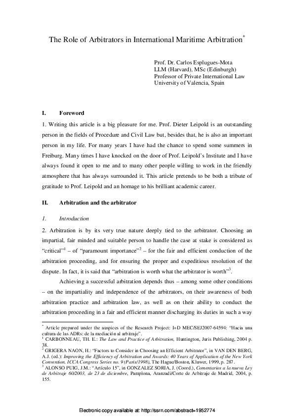 (PDF) The Role of Arbitrators in International Maritime Arbitration*