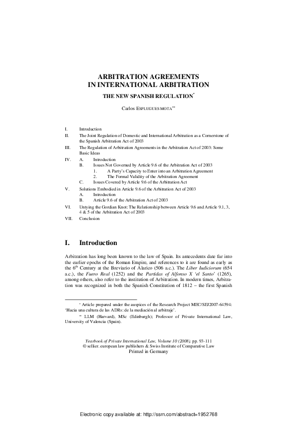 (PDF) Arbitration Agreements in International Arbitration: The New Spanish Regulation