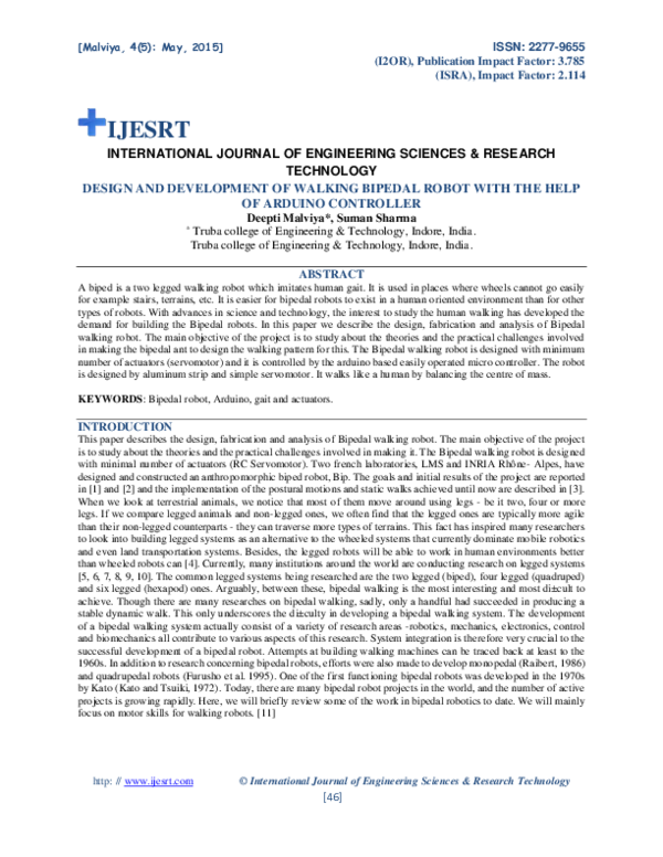 Pdf Design And Development Of Walking Bipedal Robot With The Help Of Arduino Controller