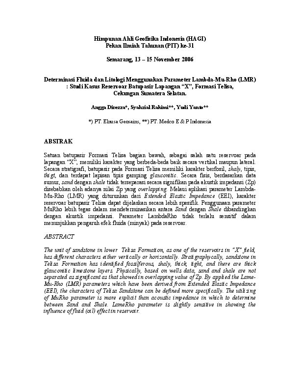 (PDF) Determinasi Fluida dan Litologi Menggunakan Parameter Lambda-Mu ...
