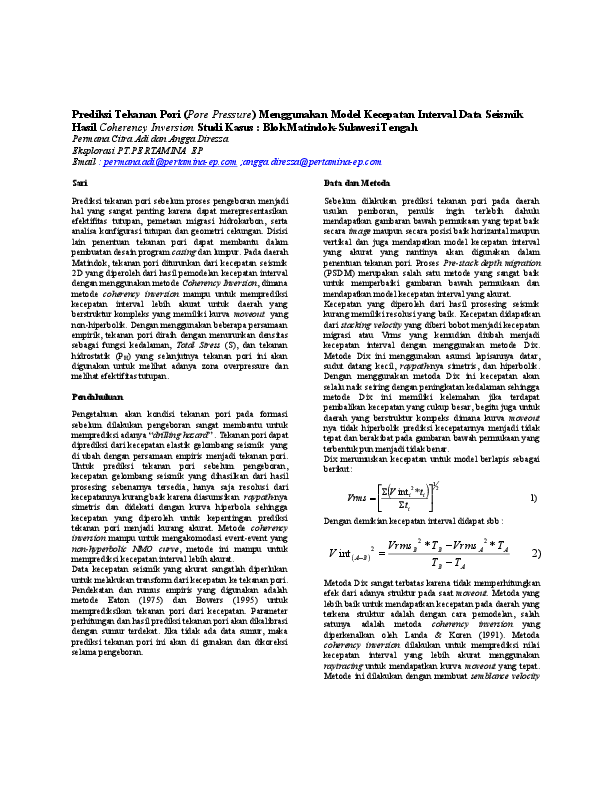 (PDF) Prediksi Tekanan Pori (Pore Pressure) Menggunakan Model Kecepatan Interval Data Seismik ...