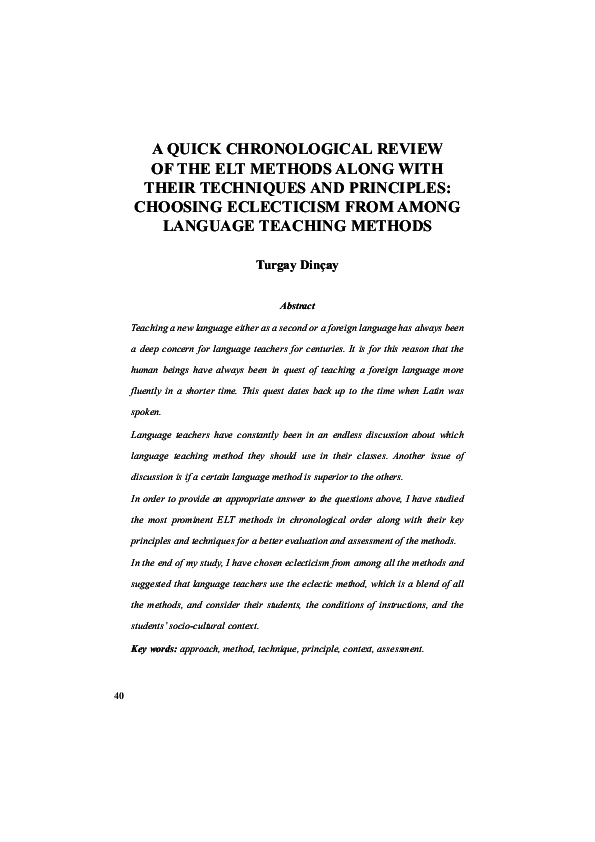 A QUICK CHRONOLOGICAL REVIEW OF THE ELT METHODS ALONG WITH THEIR ...
