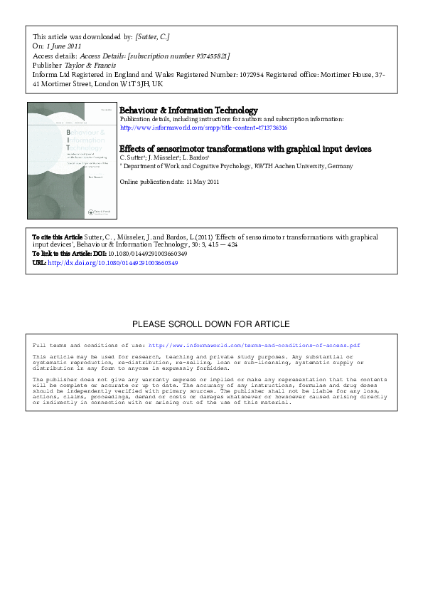 Effects Of Sensorimotor Transformations With Graphical Input Devices