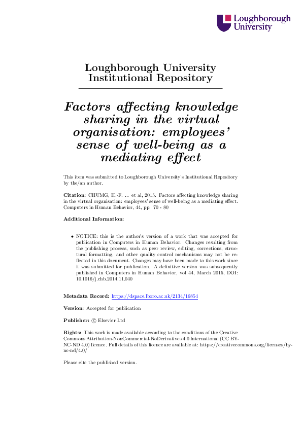 (PDF) Factors affecting knowledge sharing in the virtual organisation: employees’ sense of well ...