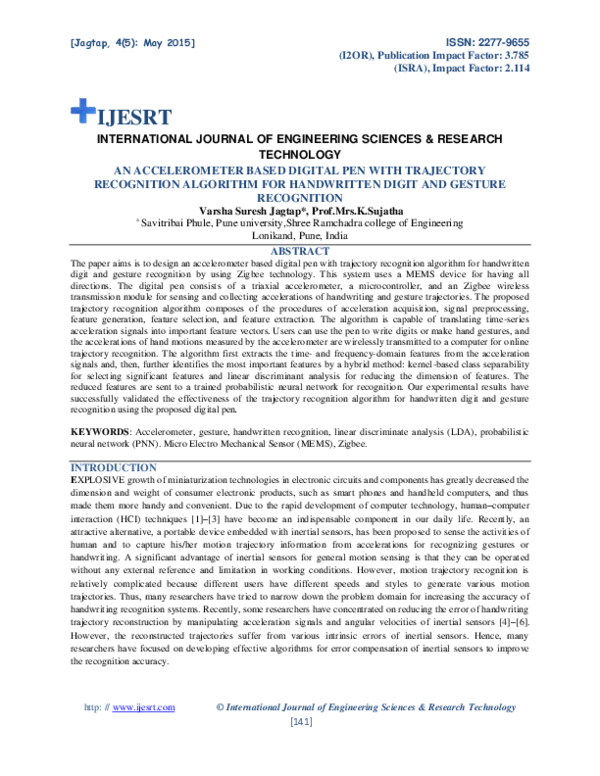 Pdf An Accelerometer Based Digital Pen With Trajectory Recognition Algorithm For Handwritten
