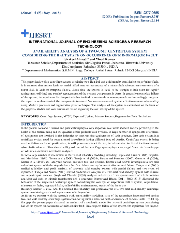 (PDF) AVAILABILITY ANALYSIS OF A TWO-UNIT CENTRIFUGE SYSTEM CONSIDERING THE HALT STATE ON ...