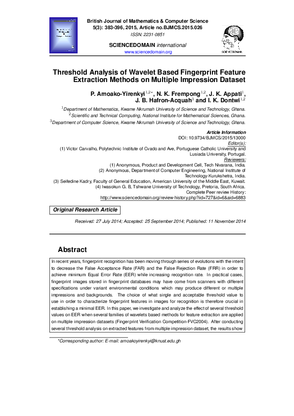 Pdf Threshold Analysis Of Wavelet Based Fingerprint Feature Extraction Methods On Multiple