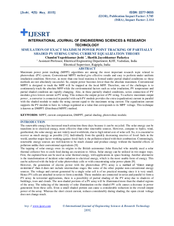 Pdf Simulation Of Exact Maximum Power Point Tracking Of Partially Shaded Pv String Using