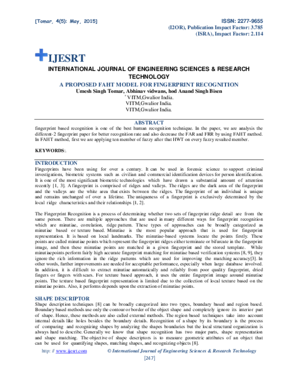(PDF) A PROPOSED FAHT MODEL FOR FINGERPRINT RECOGNITION