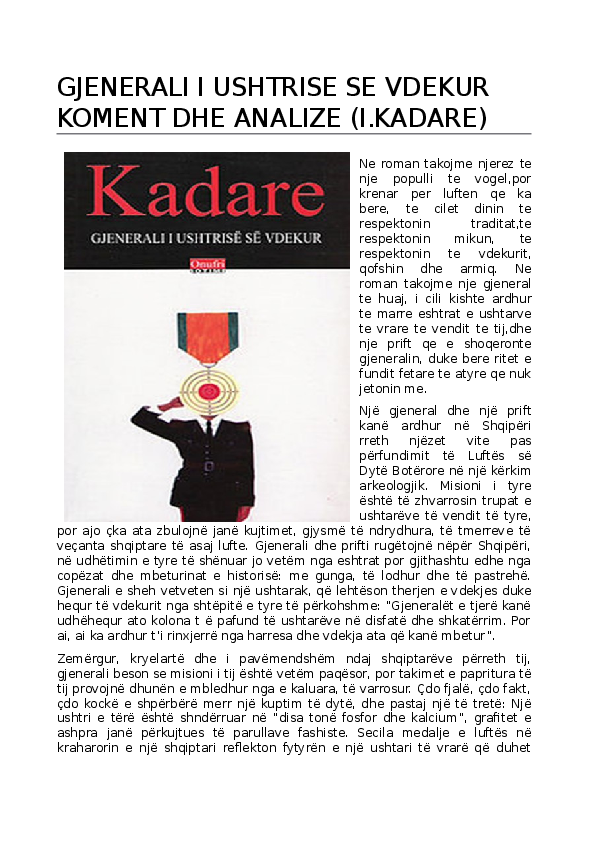 (DOC) Referati i vepres Gjenerali i ushtrisë së vdekur - Ismail Kadare