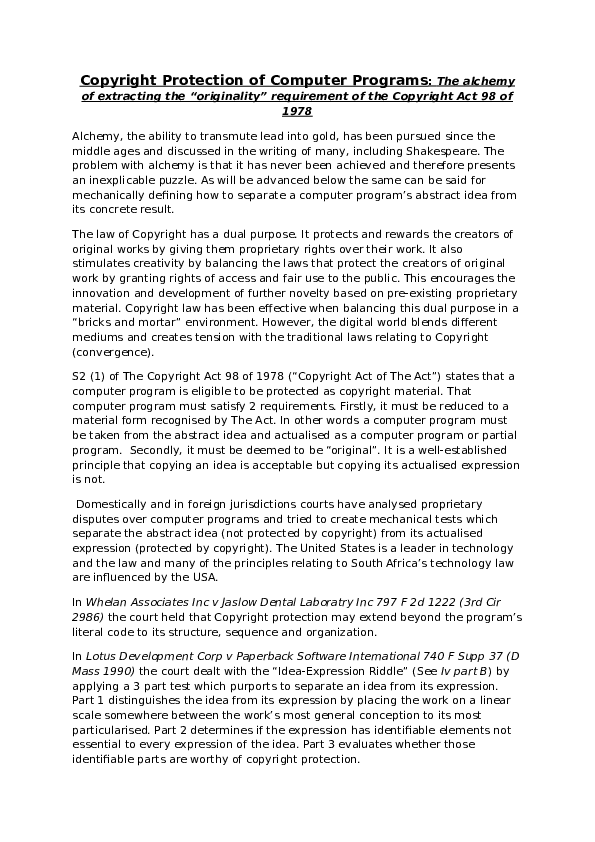 (DOC) Copyright Protection of Computer Programs in South Africa