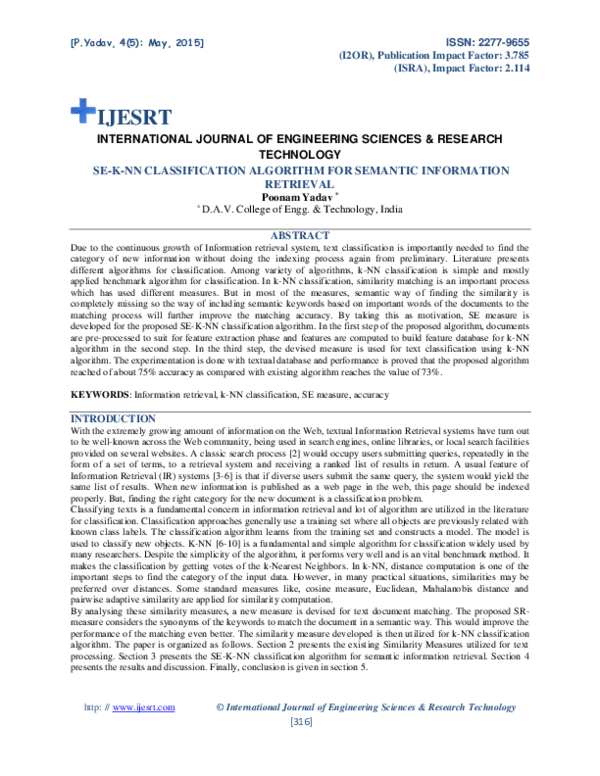 Pdf Se K Nn Classification Algorithm For Semantic Information Retrieval