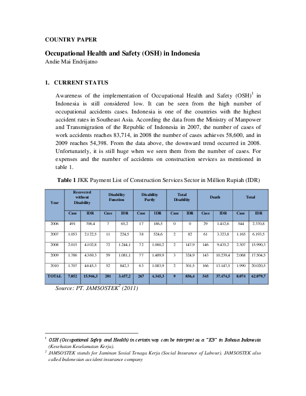 (PDF) Occupational Health and Safety (OSH) in Indonesia