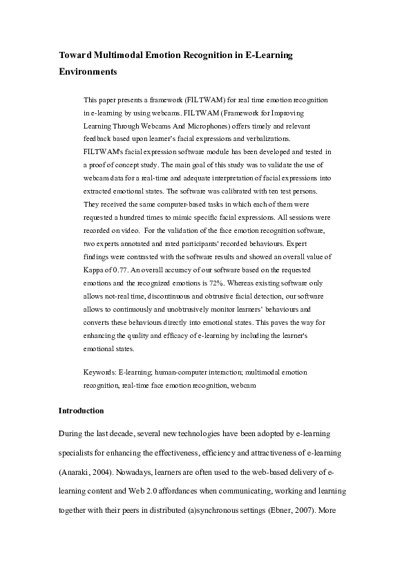 Pdf Towards Multimodal Emotion Recognition In E Learning Environments