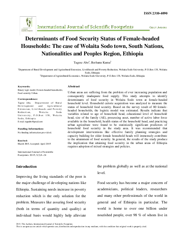 (PDF) Determinants of Food Security Status of Female-headed Households ...