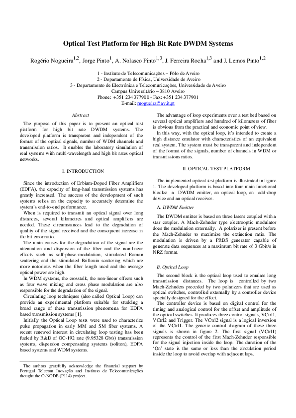 (PDF) Optical Test Platform for High Bit Rate DWDM Systems