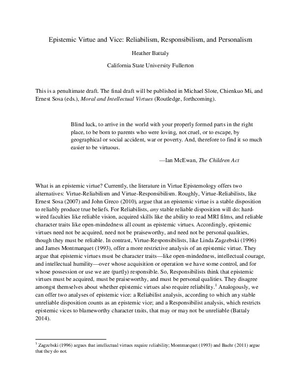 (PDF) Epistemic Virtue and Vice: Reliabilism, Responsibilism, and ...