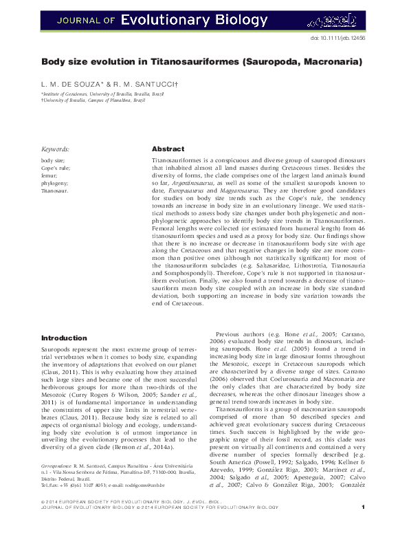 (PDF) Body size evolution in Titanosauriformes (Sauropoda, Macronaria)