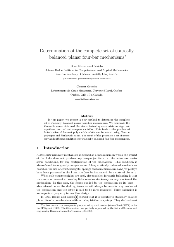 (PDF) Determination of the complete set of statically balanced planar four-bar mechanisms