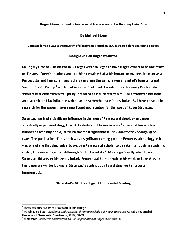 (PDF) Roger Stronstad and a Pentecostal Hermeneutic for Reading Luke-Acts
