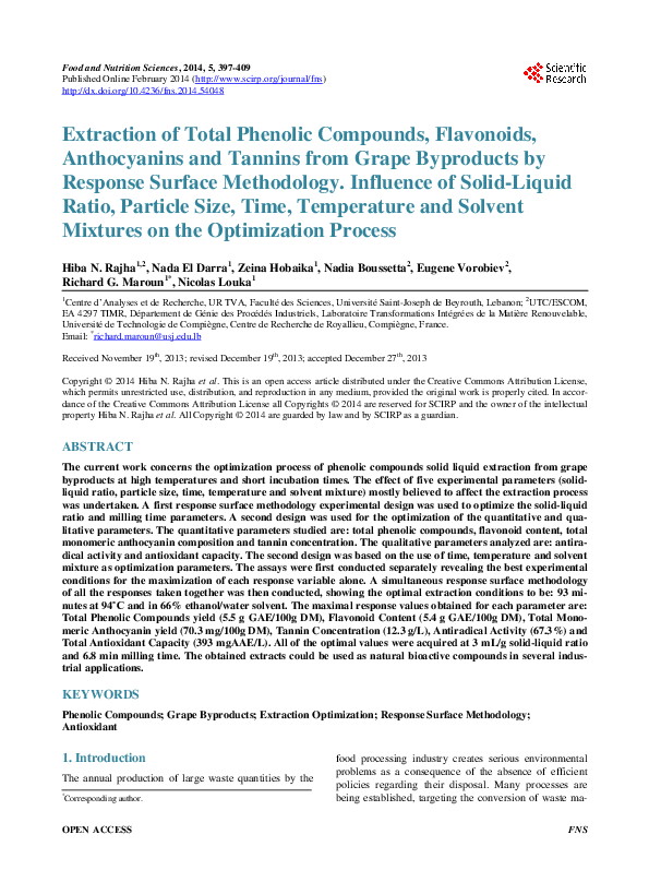 (PDF) Extraction of Total Phenolic Compounds, Flavonoids, Anthocyanins and Tannins from Grape ...