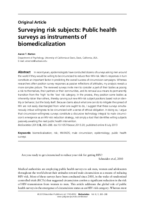 (PDF) Surveying Risk Subjects: Public Health Surveys as Instruments of ...
