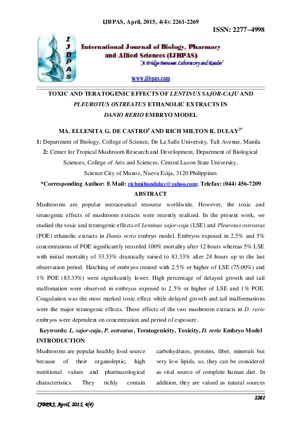 (PDF) TOXIC AND TERATOGENIC EFFECTS OF LENTINUS SAJOR-CAJU AND ...
