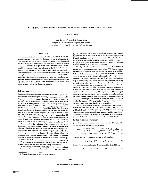 Pdf An Optimal Method For Identification Of Pole Zero Transfer Functions