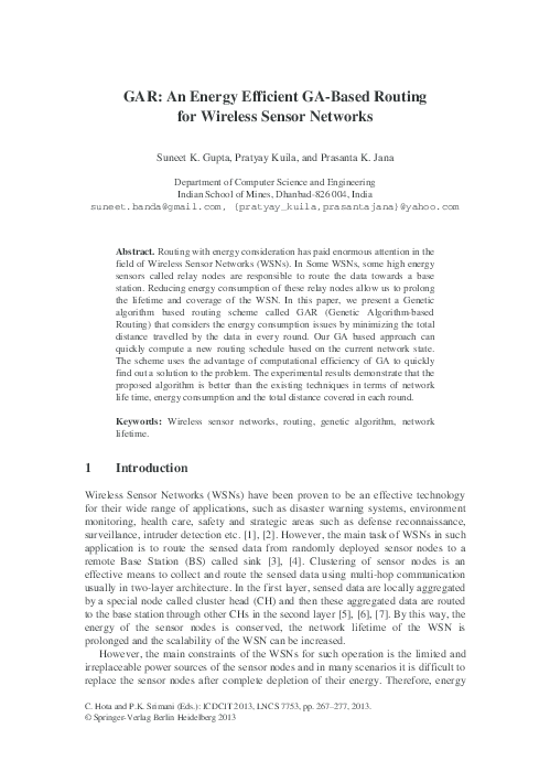 (PDF) GAR: An Energy Efficient GA-Based Routing for Wireless Sensor Networks