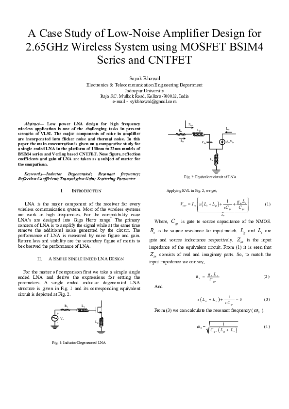 (PDF) A Case Study of Low-Noise Amplifier Design for 2.65GHz Wireless System using MOSFET BSIM4 ...
