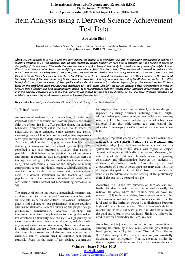 Item Analysis using a Derived Science Achievement Test Data