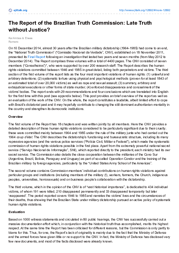 (PDF) The Report of the Brazilian Truth Commission: Late Truth without ...